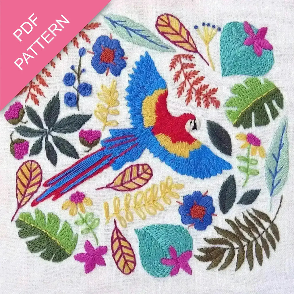 Home Macaw Parrot Tropical Hand Embroidery Design